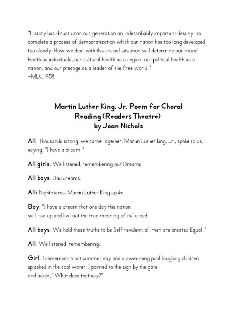 Martin Luther King JR Poem For Choral Reading Readers Theatre by Joan ...