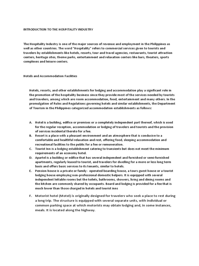 Introduction To The Hospitality Industry 1 | PDF | Hotel | Tourism