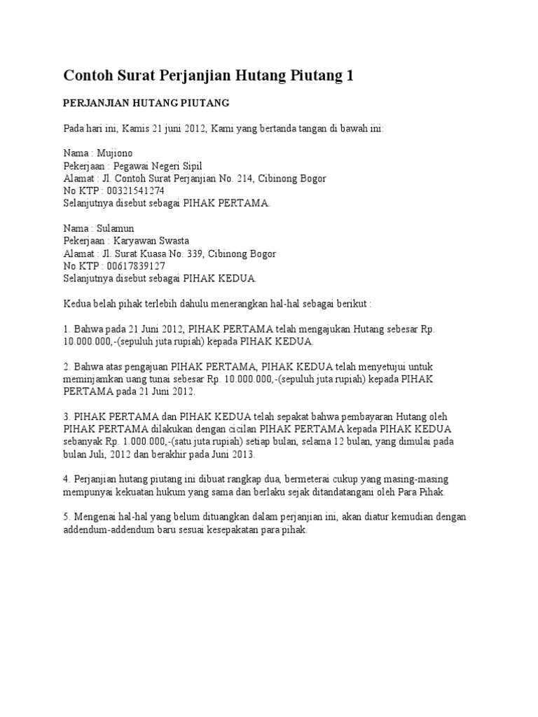Contoh Surat Perjanjian Hutang Piutang 1 | PDF