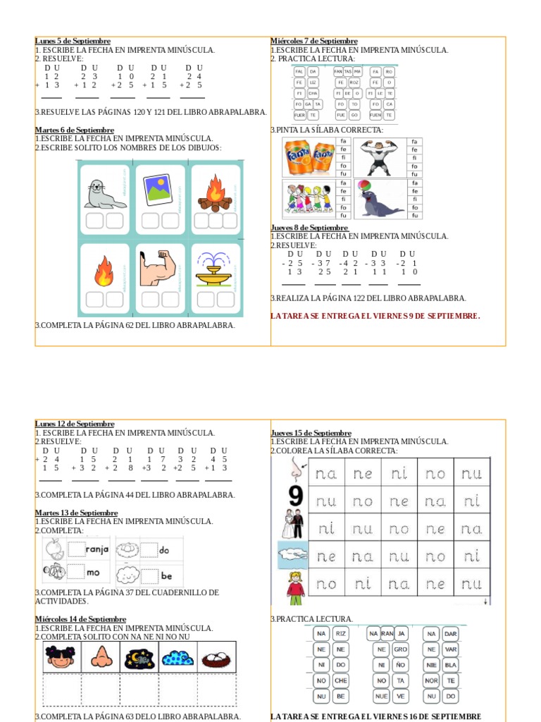 Tareas escolares del 5 al 16 de septiembre | PDF