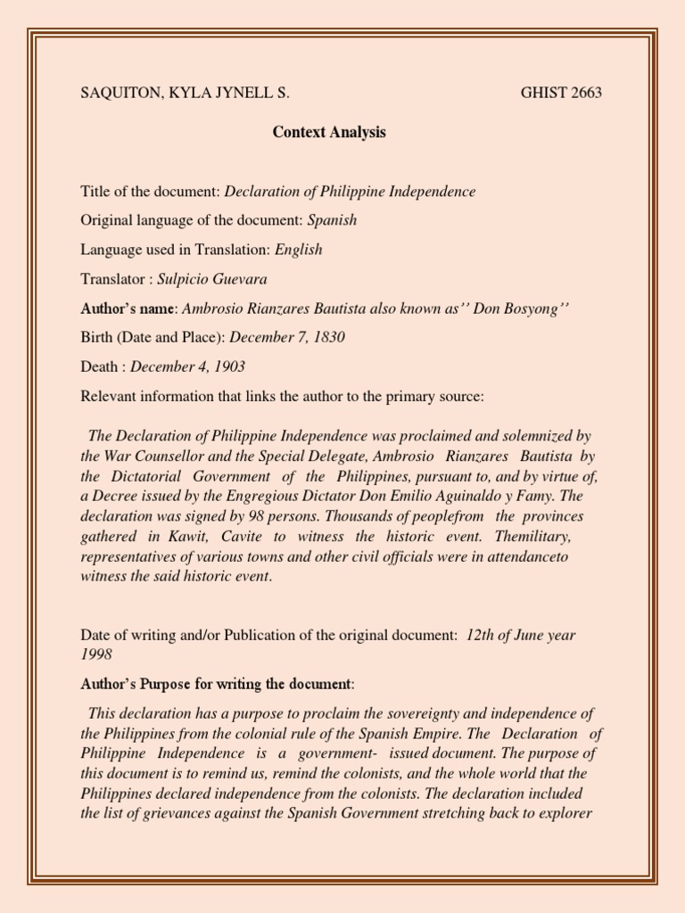 Content and Context Analysis - The Declaration of Philippine Independence | PDF | Philippines