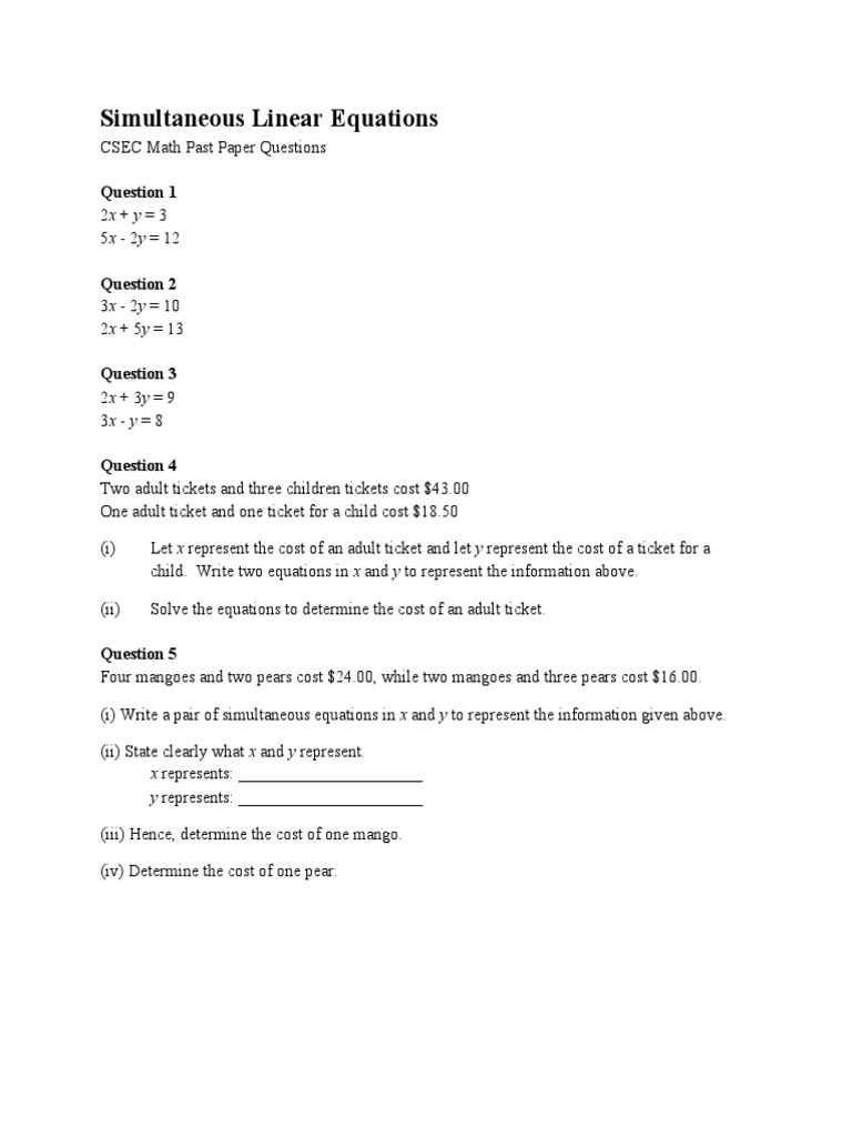 CSEC Math Past Paper Questions - Simultaneous Linear Equations-2 | PDF