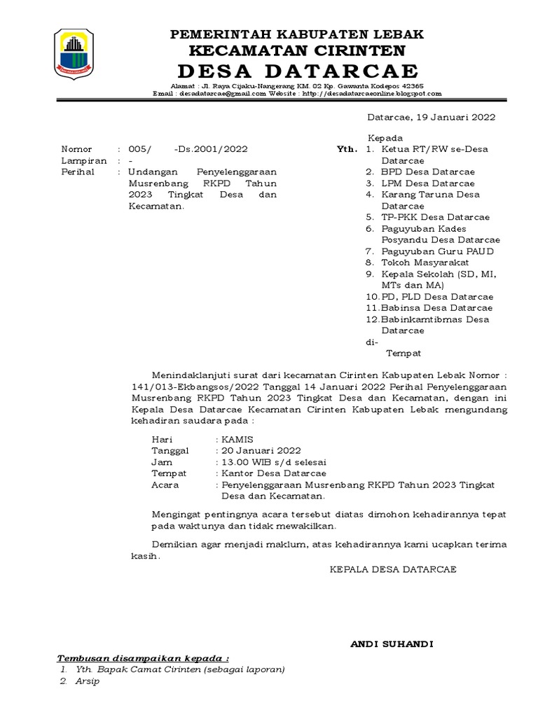 Undangan Musrenbang RKPD 2023 Desa Datarcae | PDF