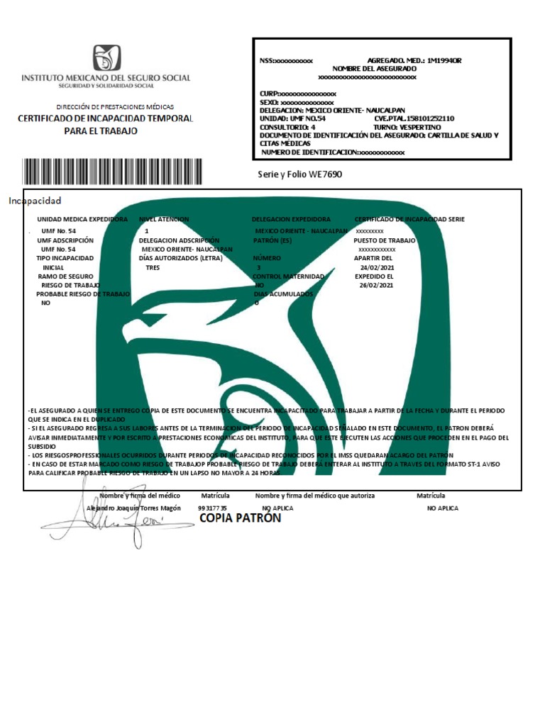 Certificado de Incapacidad IMSS | PDF