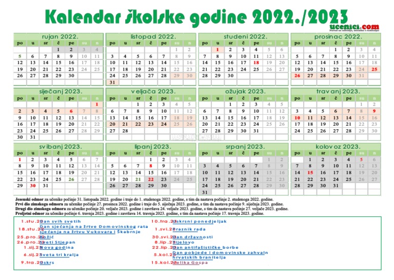 Kalendar Skolske Godine 2022 2023 Novo | PDF