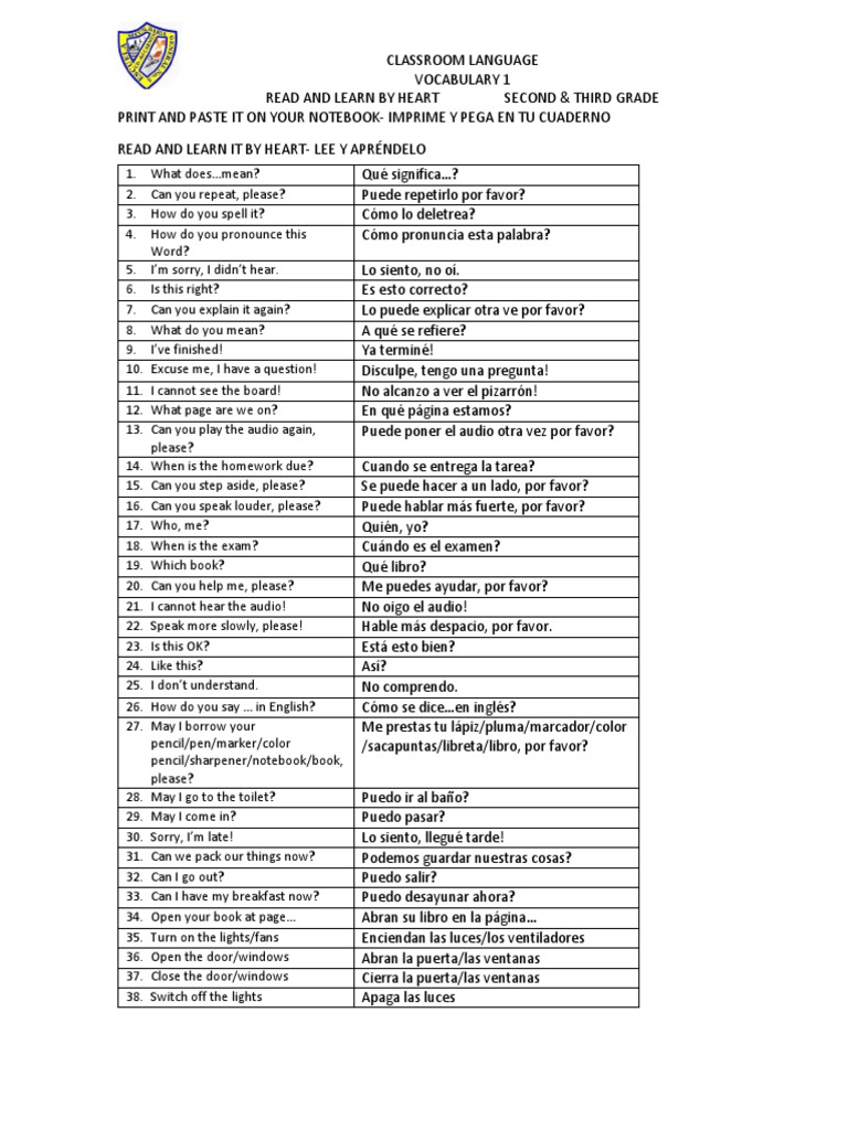 Vocabulary Classroom Language 1 Pdf