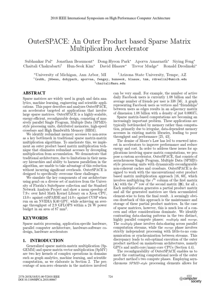 Outer Space An Outer Product Based Sparse Matrix Multiplication Accelerator | PDF | Cpu Cache ...