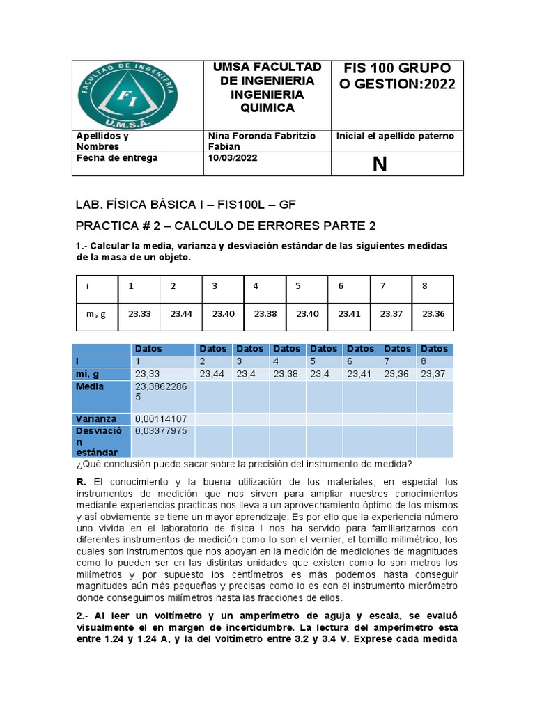 Cuestionario 2 de Lab Fis 100 Fabrritzio Nina | PDF | Medición | Science