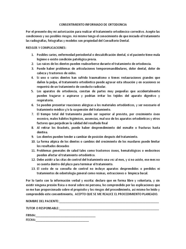Consentimiento informado para tratamiento de ortodoncia correctiva ...