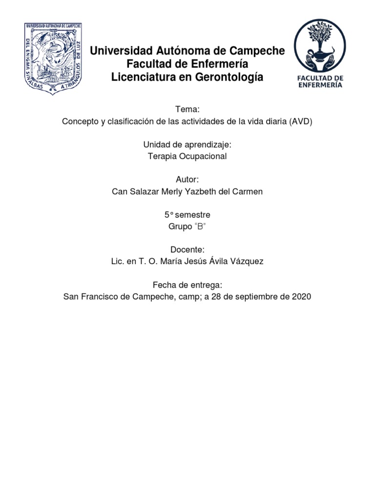 Concepto y Clasificación de Las Actividades de La Vida Diaria (AVD ...