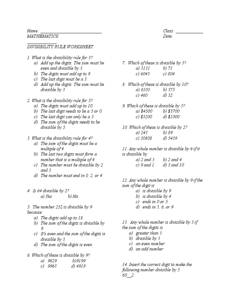 Divisibility Rules Worksheet | PDF | Arithmetic | Mathematics