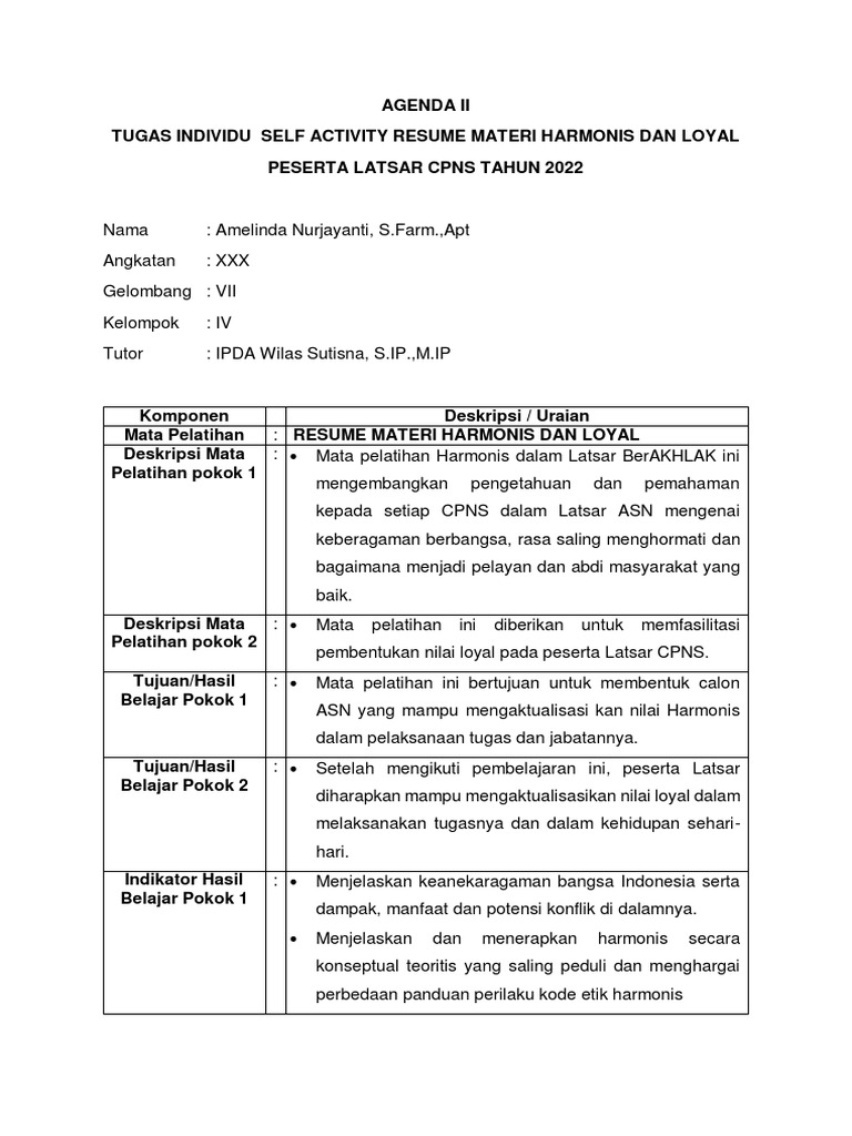 Self Activity Resume Materi Harmonis Dan Loyal | PDF