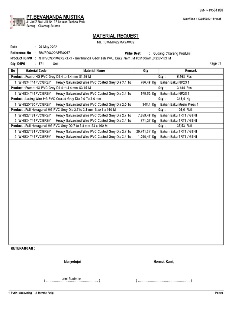 BM-F-PC-04 R00 Material Request | PDF