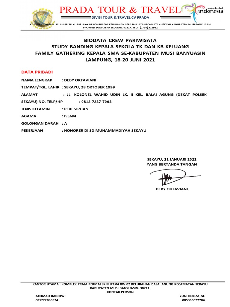 PRADA TOUR & TRAVEL BIODATA CREW PARIWISATA | PDF