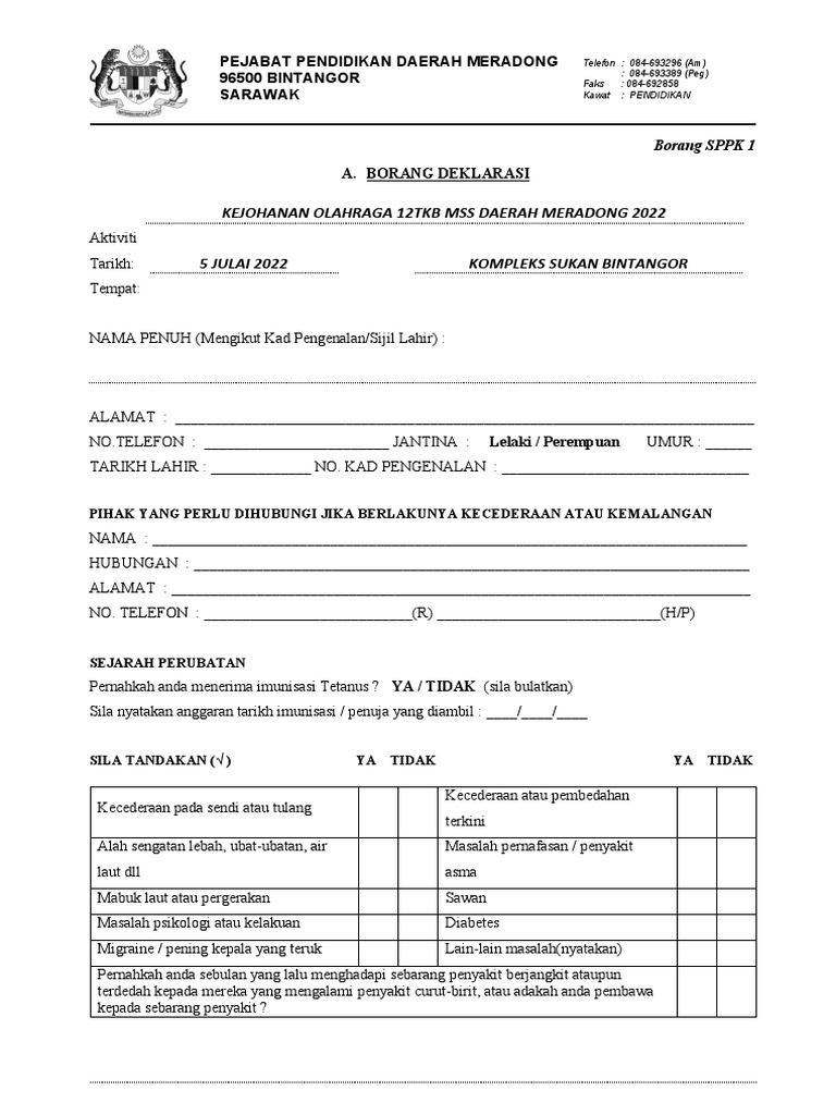 Borang SPPK 1 - DEKLARASI - Olahraga MSSD 2022 | PDF