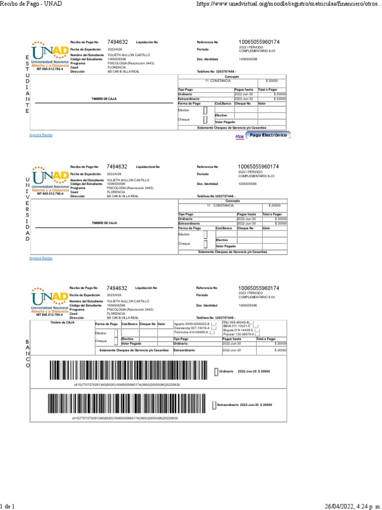1006505596-Recibo de Pago - UNAD | PDF | Bancario | Servicios financieros