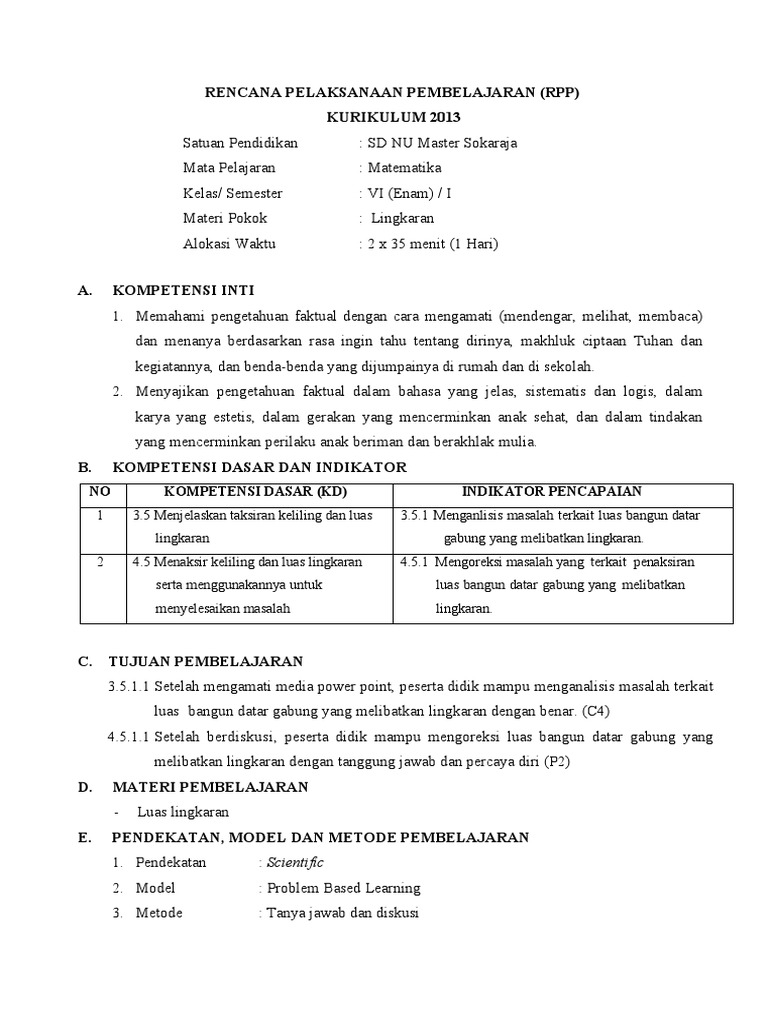 RPP PBL Matematika | PDF