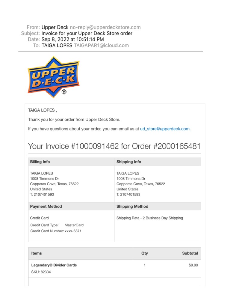 Invoice for Your Upper Deck Store Order | PDF