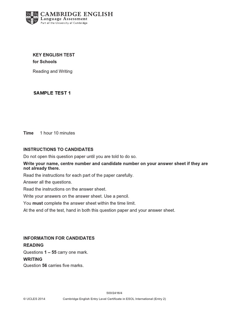 KET Cambridge English Key For Schools Sample Paper | PDF