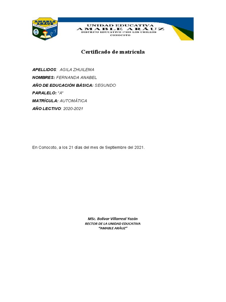 Formato de Certificado de Matrícula 2022 | PDF