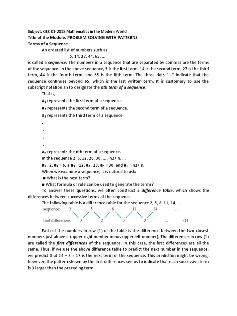Predicting Patterns and Terms in Mathematical Sequences Through Difference Tables | PDF ...