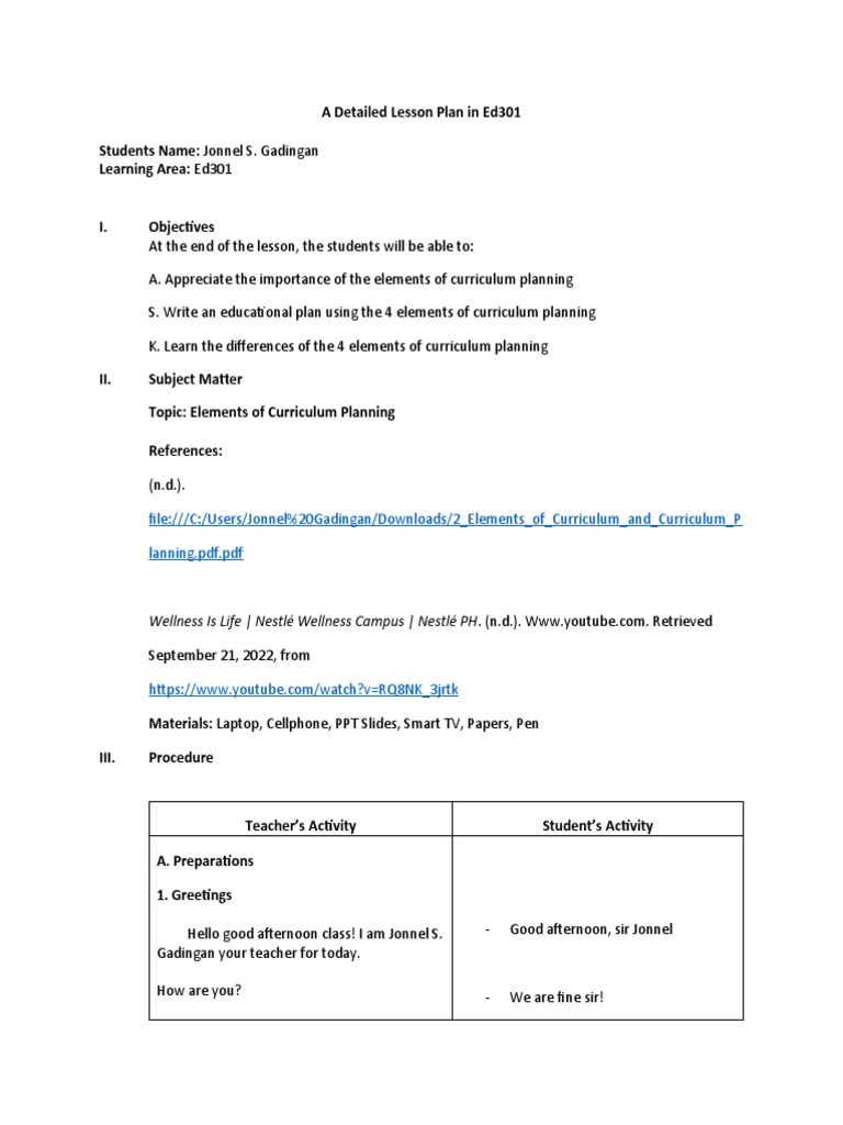 A Detailed Lesson Plan in Ed301 Unit 3 | PDF | Curriculum | Experience