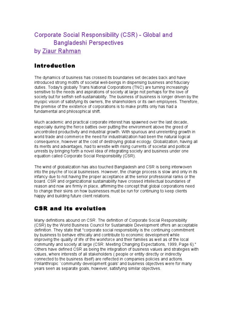 Corporate Social Responsibility (CSR) - Global and Bangladeshi ...