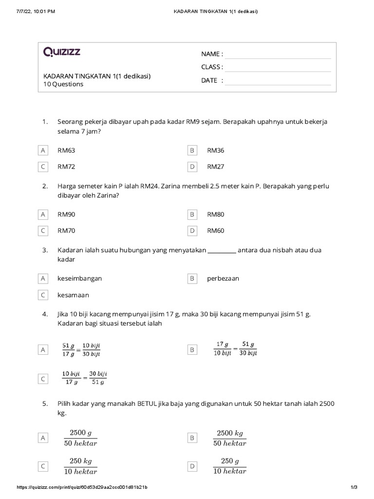 Kadaran Tingkatan 1 - Jawapan | PDF