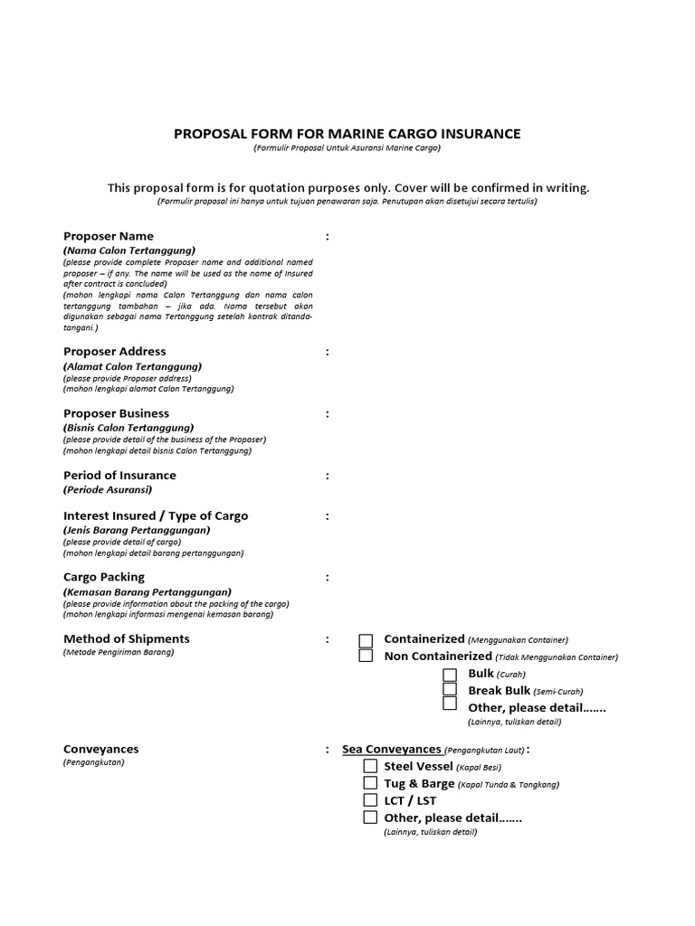 Proposal Form For Marine Cargo Insurance | PDF