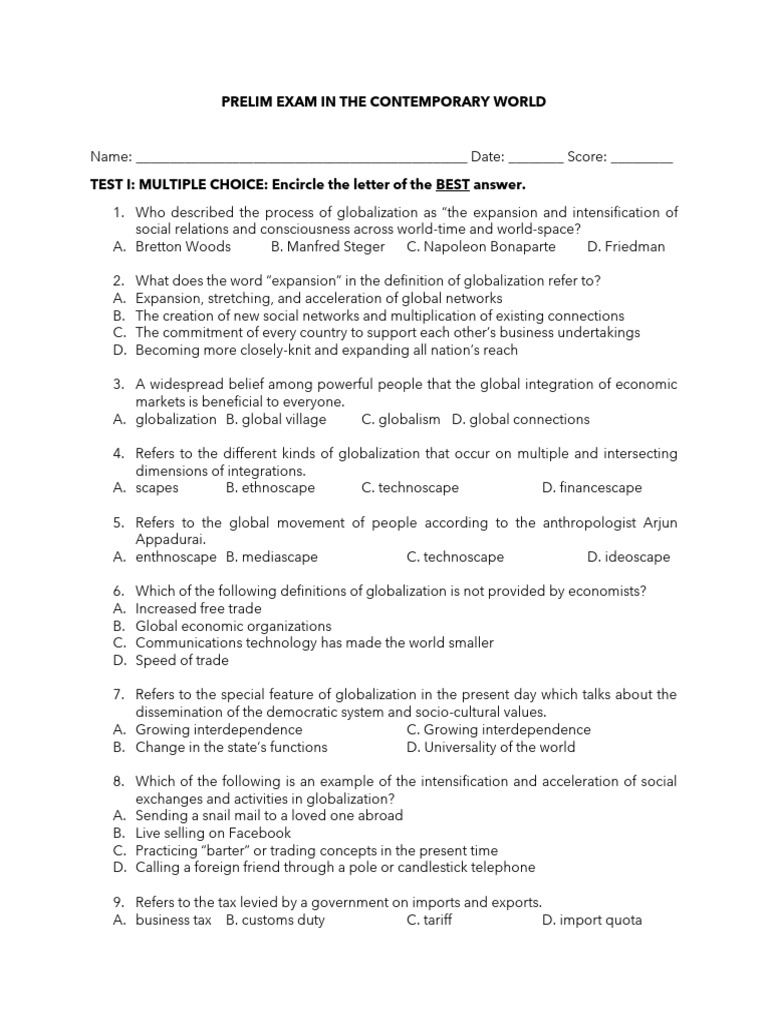 Prelim Exam in The Contemporary World | PDF | Globalization | Trade