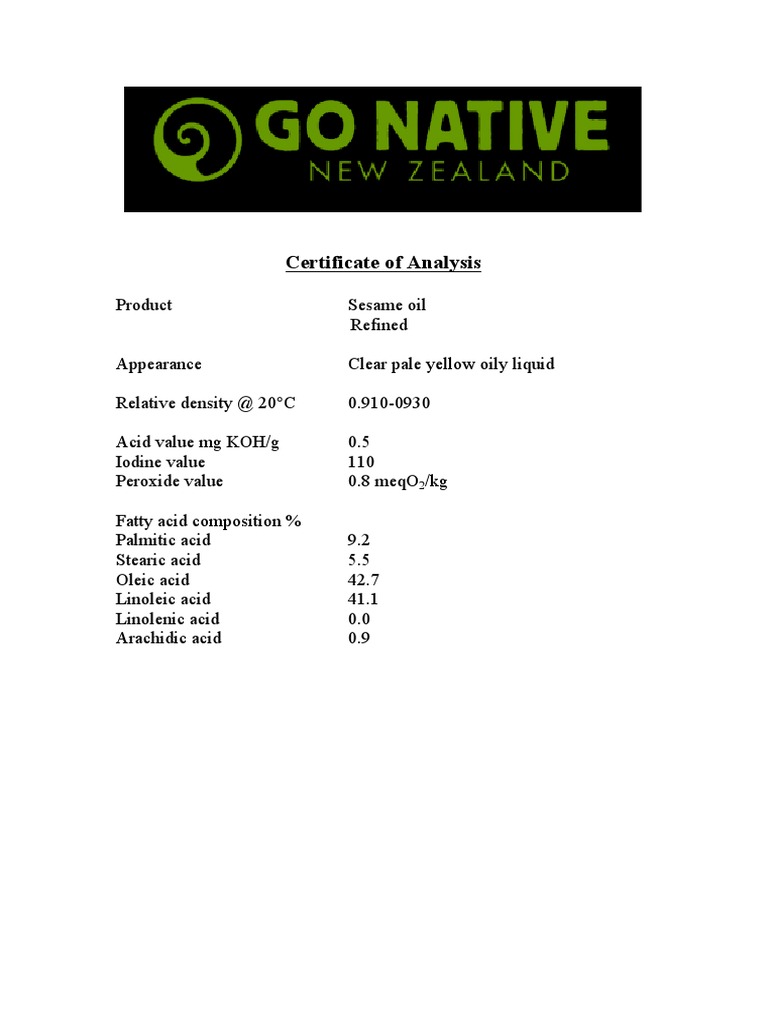 COA Sesame Oil R | PDF