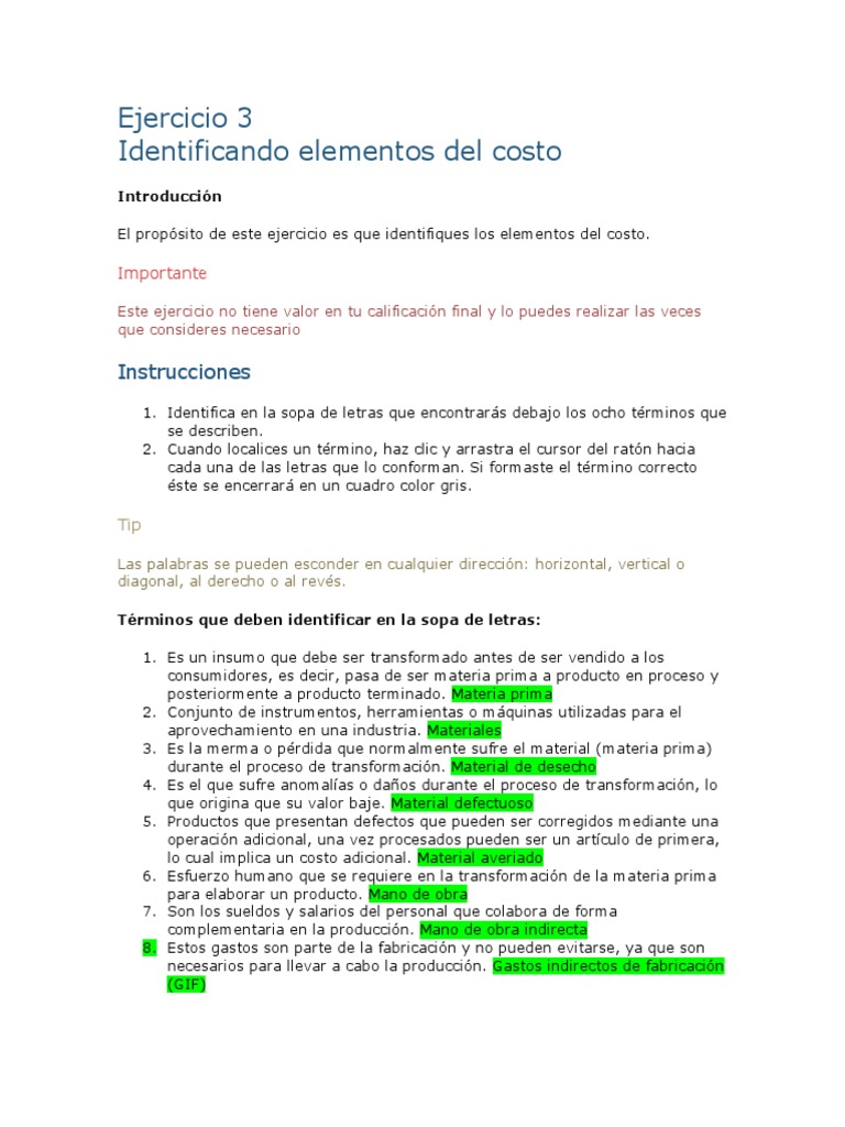 Ejercicio 3-Identificando Elementos Del Costo | PDF