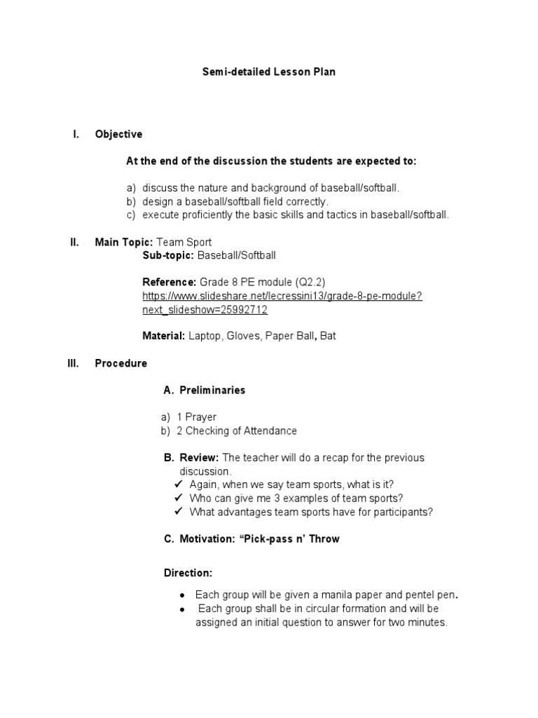 Lesson Plan | PDF | Softball | Lesson Plan