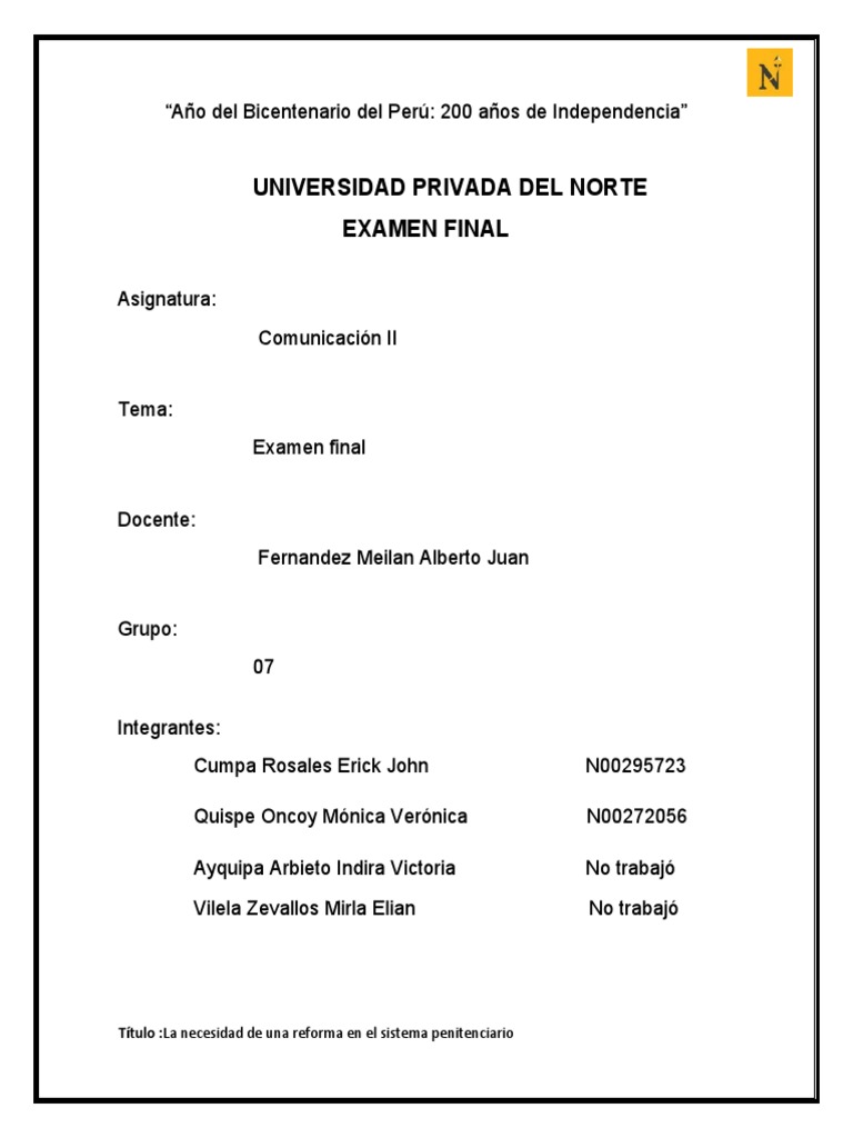 EF Comunicacion II - Cumpa Rosales Erick John - Quispe Oncoy Monica Veronica | PDF | Prisión ...