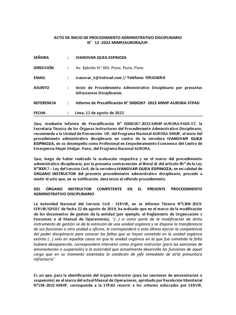 Acto de Inicio PAD Quea | PDF | La violencia contra las mujeres | Mandato