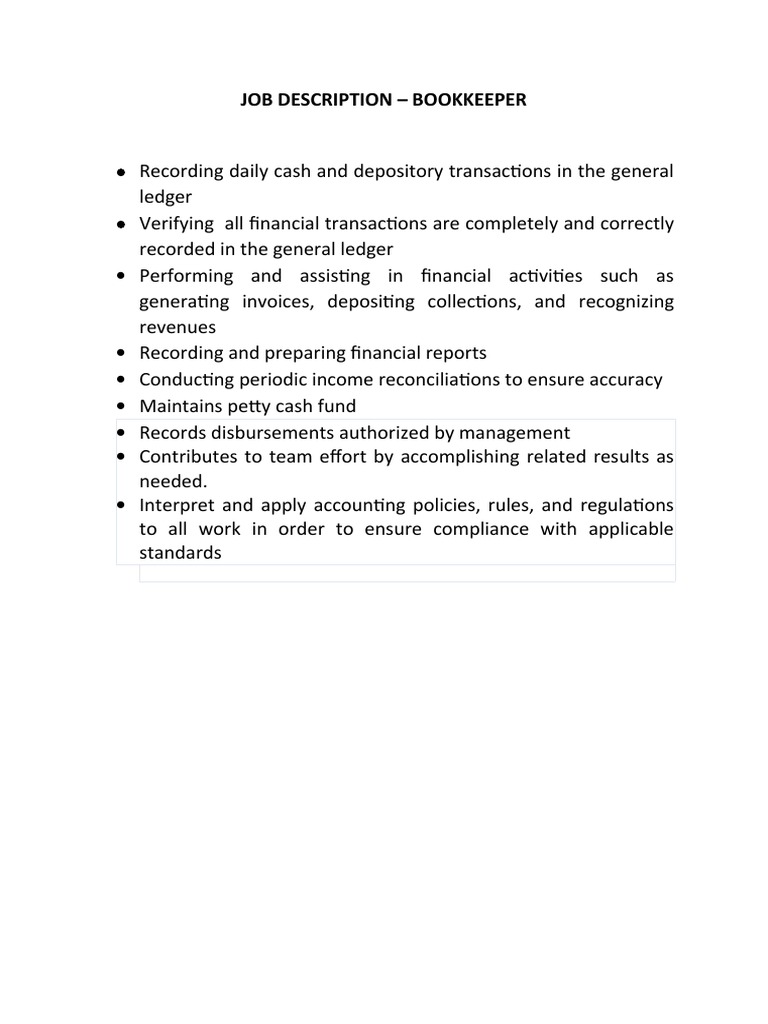 Job Descritpion - Bookkeeper | PDF | Business | Law