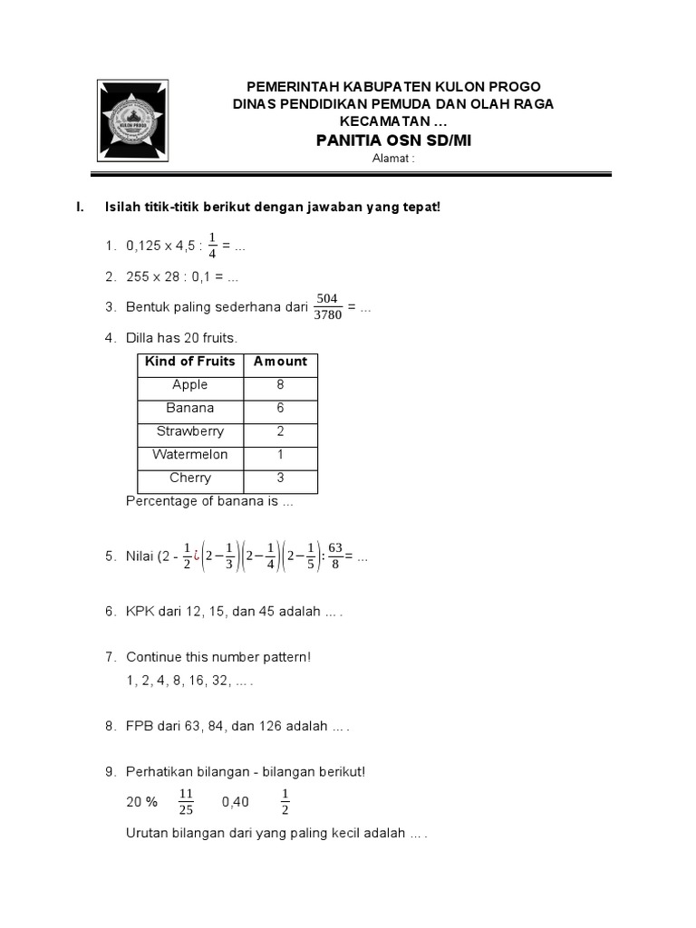 Soal Osn Matematika SD Tahun 2019 Kecamatan | PDF