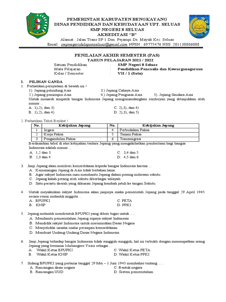 Soal PAS PKN Kelas 7 | PDF