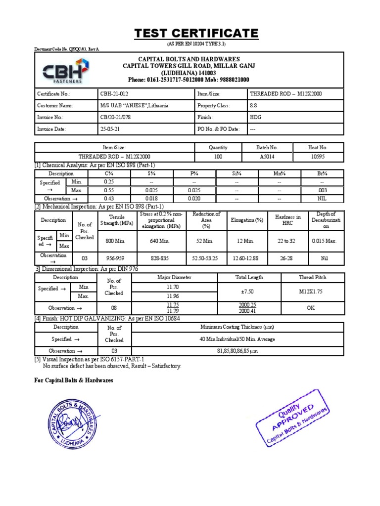 CBH-21-012 Stud Bolt M12 X 2000 HDG 8.8 | Download Free PDF | Screw ...