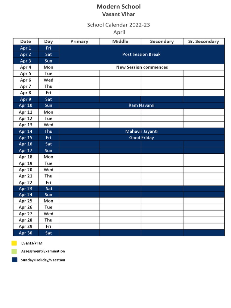 Modern School 2022-23 Calendar | PDF | Observances | Schools