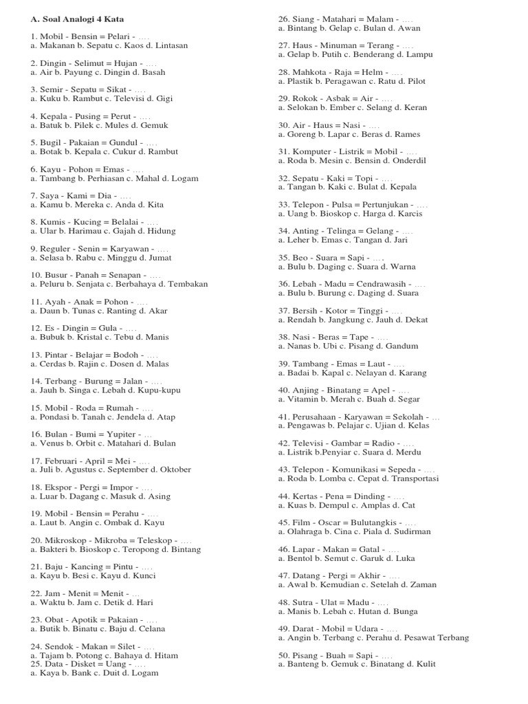 Soal Analogi 4 Kata | PDF