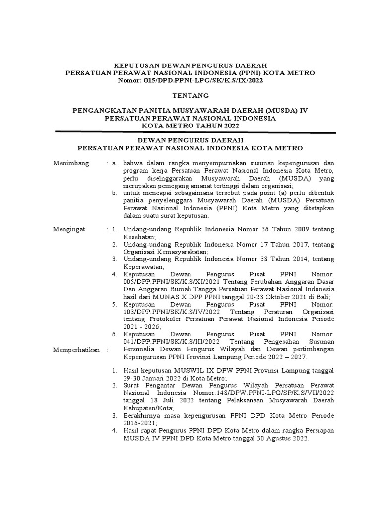 SK Panitia Musda Iv DPD Ppni Metro 2022 | PDF