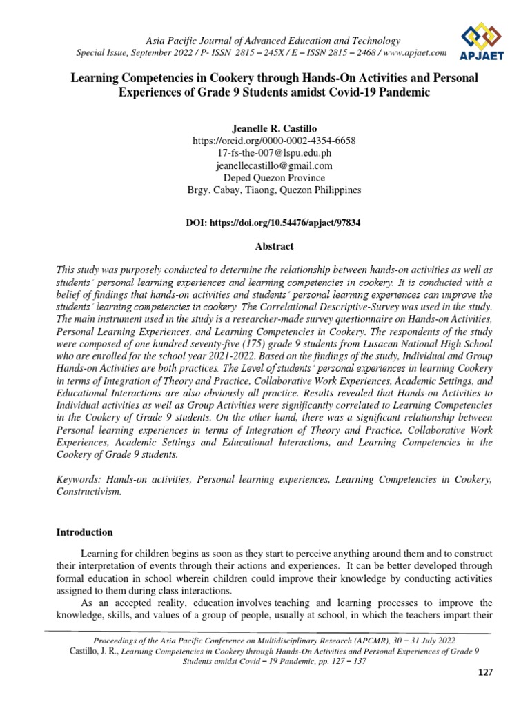 Learning Competencies in Cookery Through Hands-On Activities and ...