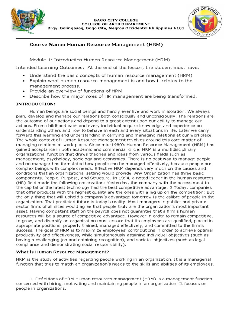 Bago City College HRM Course Module on Introduction to Human Resource Management | PDF | Human ...