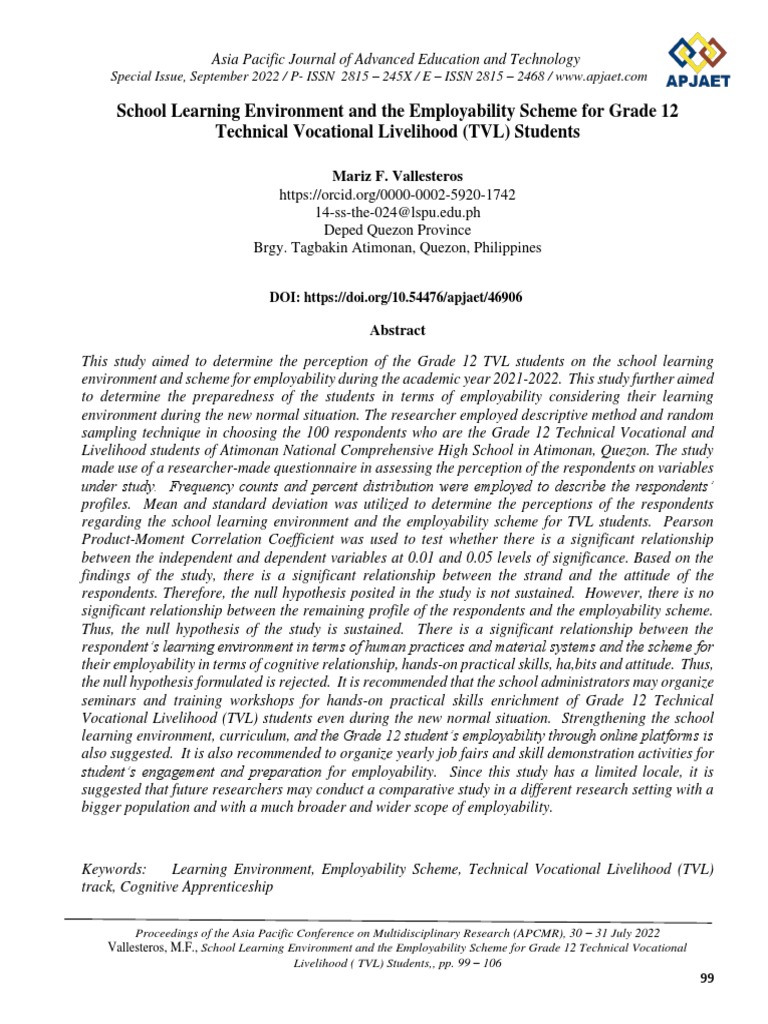 School Learning Environment and The Employability Scheme For Grade 12 ...