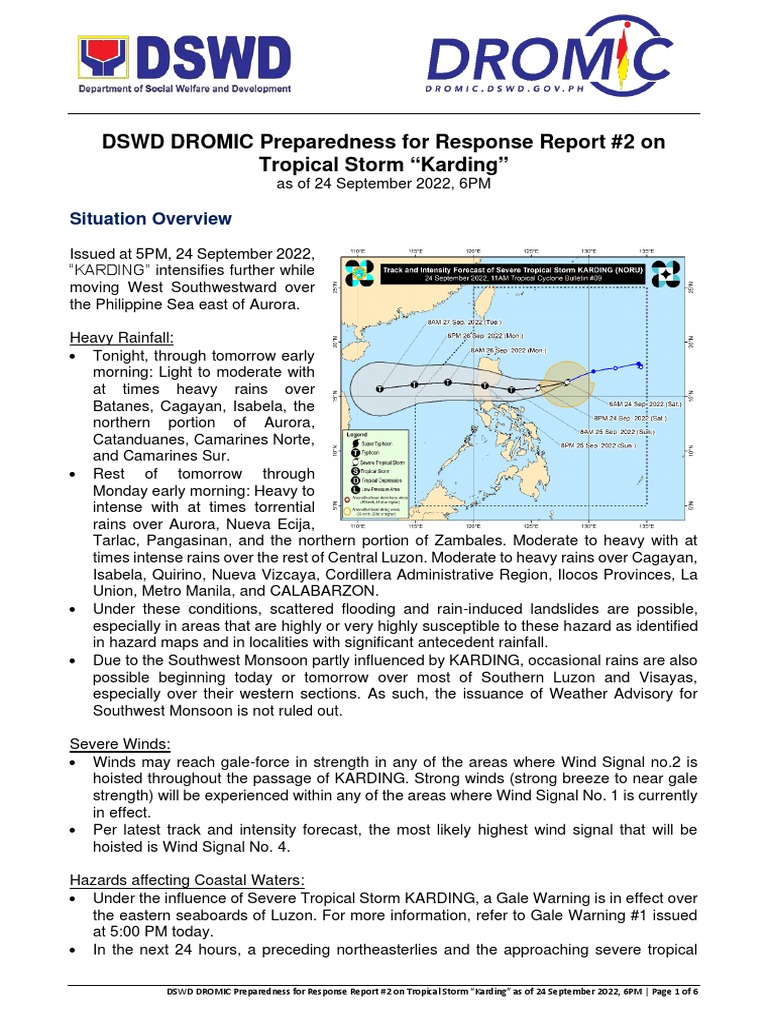 DSWD DROMIC Preparedness For Response Report #2 On Tropical Storm "Karding" As of 24 September ...
