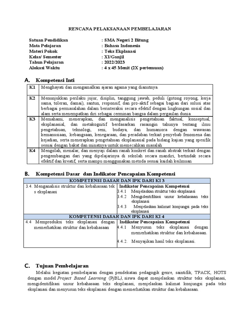 RPP PJBL Eksplanasi | PDF