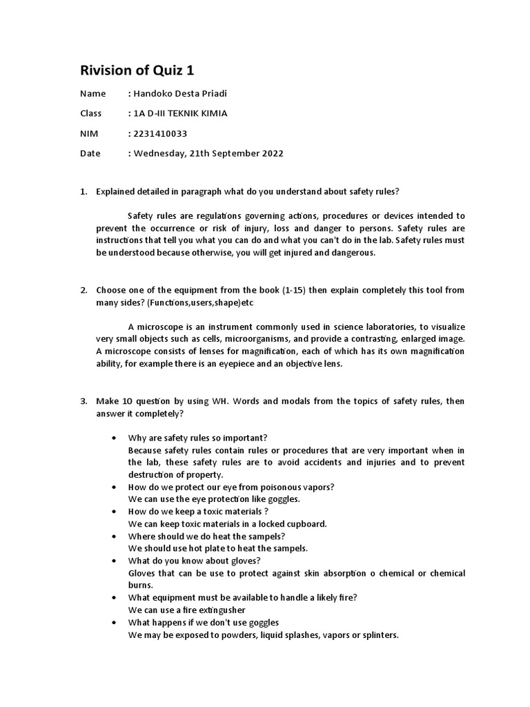 Rivision of Quiz 1 (ENGLISH) | PDF | Laboratories | Safety