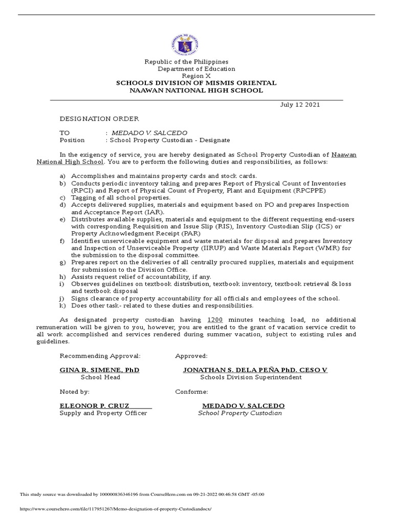 Memo Designation of Property Custodian | PDF | Business