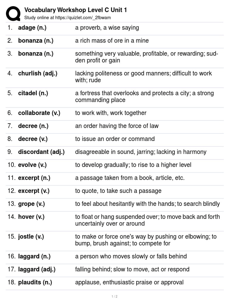 Vocabulary Workshop Level C Unit 1 | PDF
